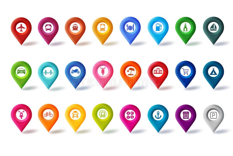 Travel Map Pin Icons Vector Set. Colorful Navigation Map Pins Button ... Travel Map Pin Icons Vector Set. Colorful Navigation Map Pins Button ...