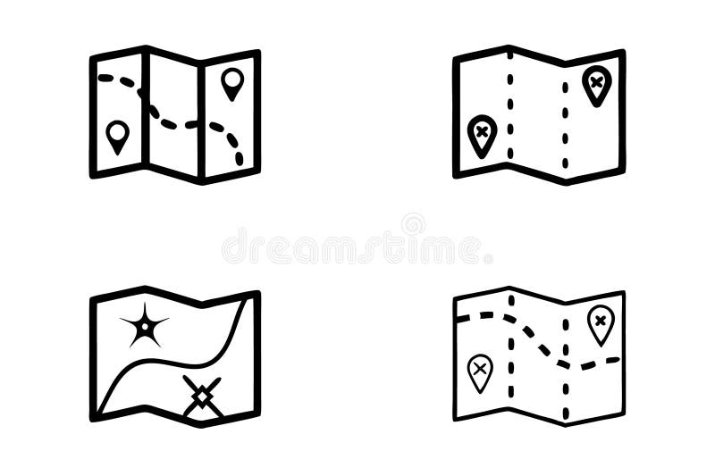 Travel Map Showing Path and Location Point, Line Art Icon Set for ...