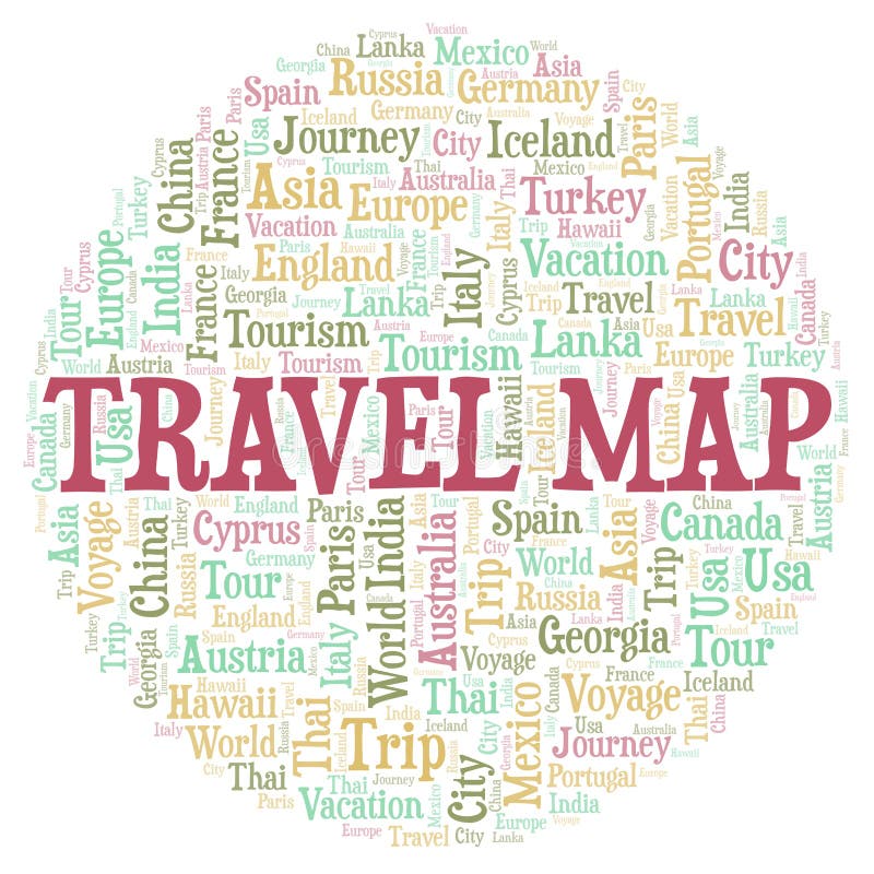 Travel Map word cloud. stock illustration. Illustration of voyage ...