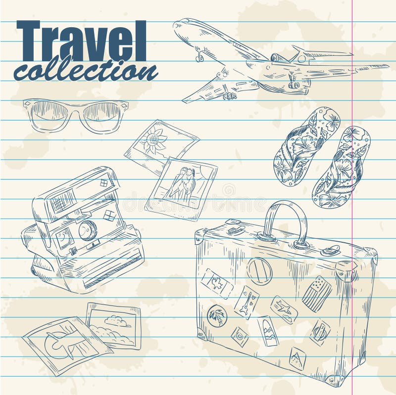 Travel Objects Lineart on Notebook Paper Stock Vector - Illustration of ...