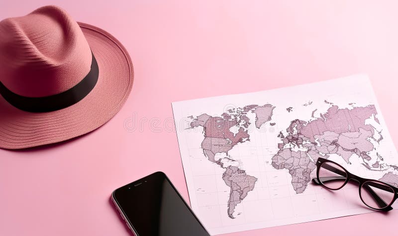 Travel Objects Top View on a Pink World Map Background, for Vacation ...