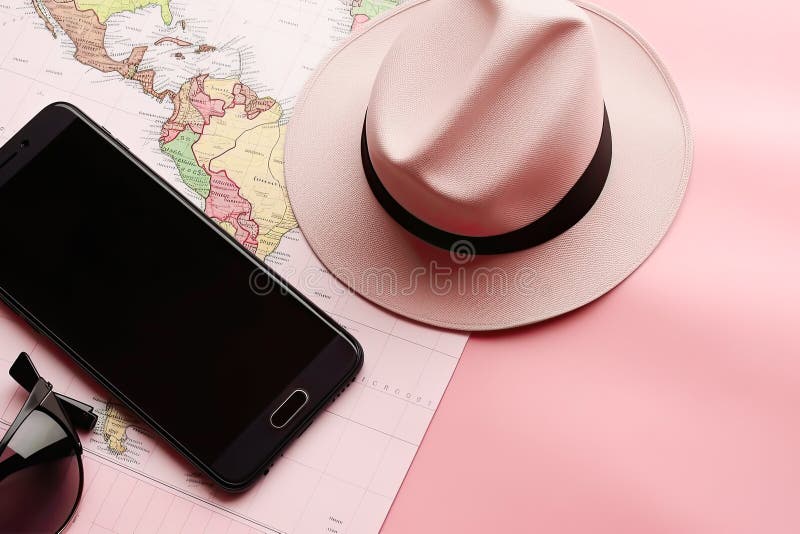 Travel Objects Top View on a Pink World Map Background, for Vacation ...