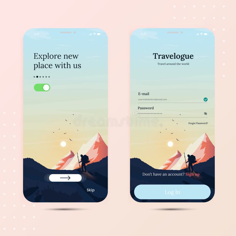 Travel Onboarding Mobile App with Login Screen and Homescreen Stock ...