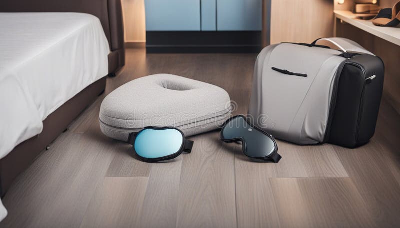 Travel Pillow, Sleep Mask and Suitcase on Floor in Room Stock ...