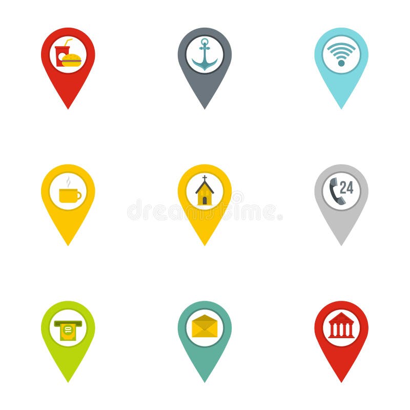 Travel Pins Icon Set, Flat Style Stock Vector - Illustration of mark ...