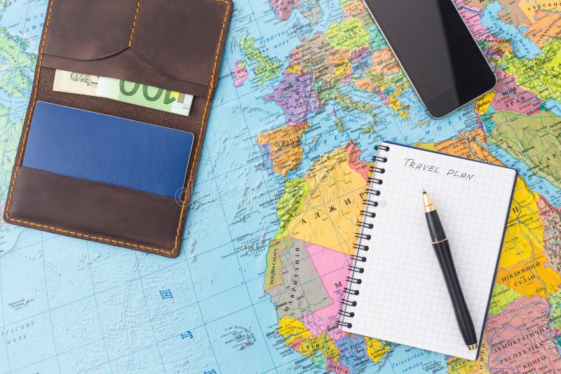 Travel Plan Concept with Notebook, Writing, Map Stock Photo - Image of ...