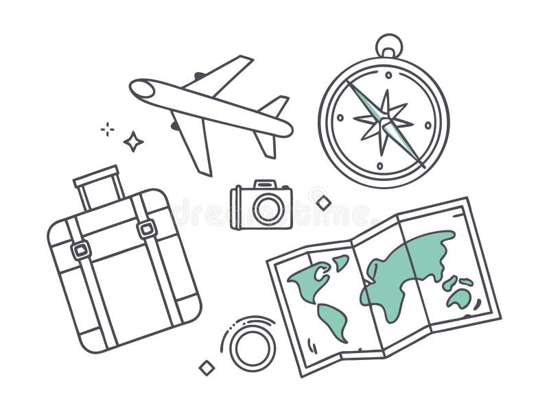 Travel Planning: Airplane, Suitcase, Compass, Map & Camera Icon Set ...