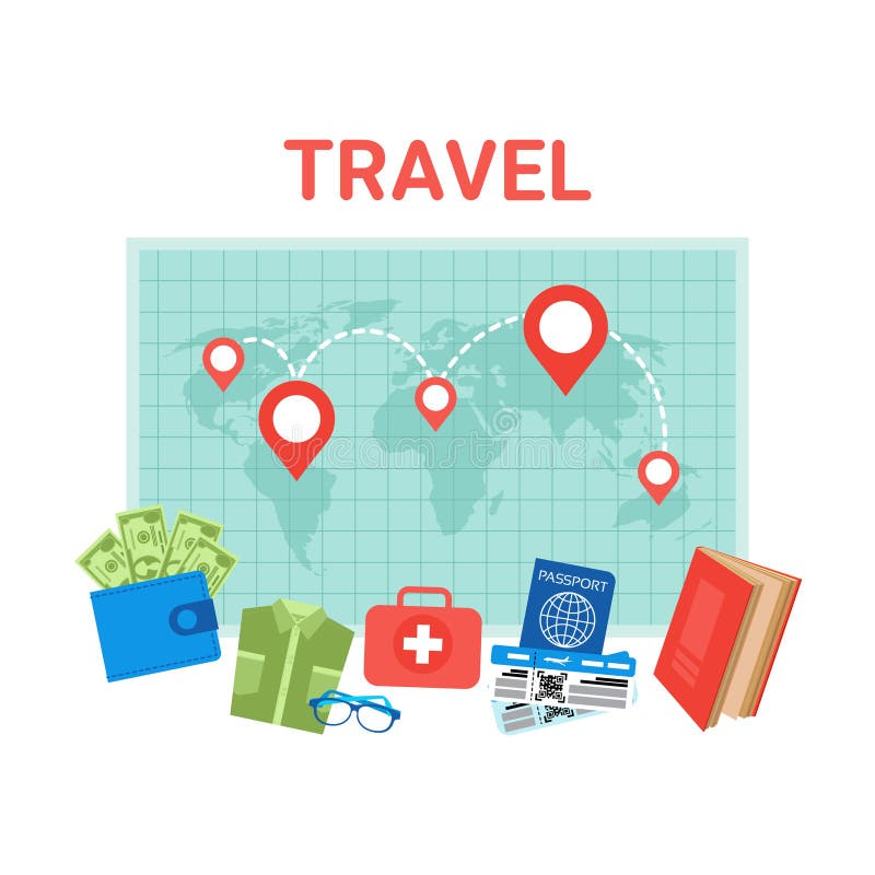 Travel Planning Background Pointers on World Map Baggage Items Icons ...