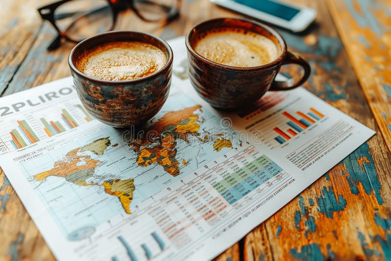Travel Planning Concept. Top View of Map Cups of Coffee Stock Image ...