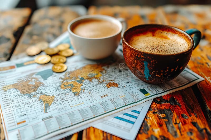 Travel Planning Concept. Top View of Map Cups of Coffee. Stock Image ...