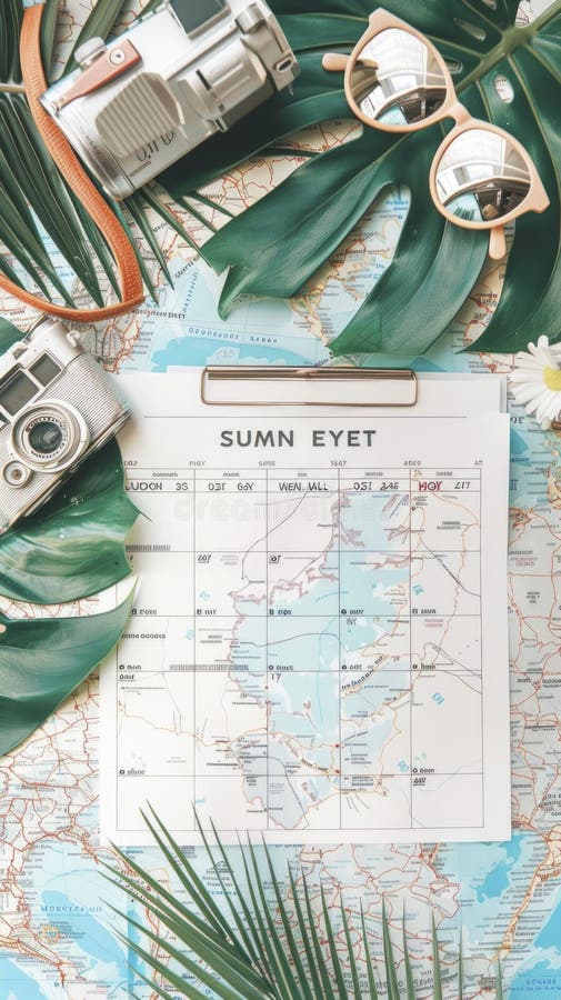 Travel Planning Essentials with Camera, Sunglasses, and World Map Stock ...