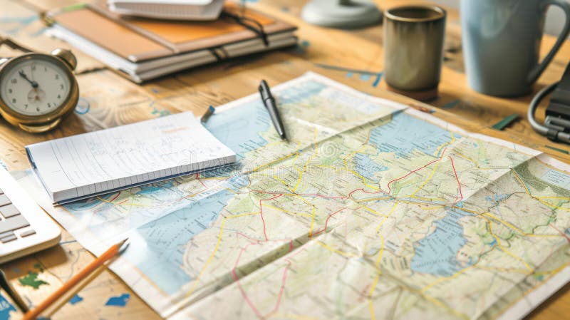 Travel Planning Workspace with Map and Notebook, Adventure Concept ...