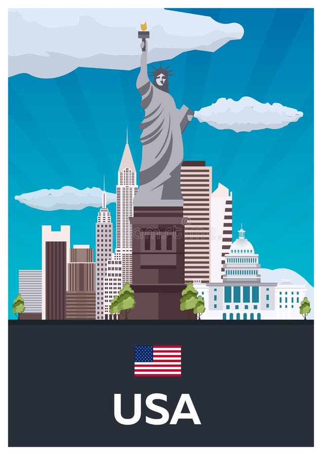 Travel Poster To USA. Vector Flat Illustration. Stock Illustration ...