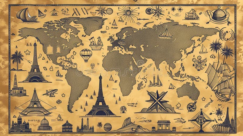 Travel Presentation Featuring World Map Outlines and Cultural Icons ...