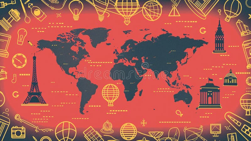 Travel Presentation Featuring World Map Outlines and Cultural Icons ...