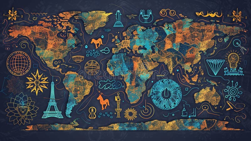 Travel Presentation Featuring World Map Outlines and Cultural Icons ...