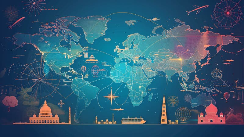 Travel Presentation Featuring World Map Outlines and Cultural Icons ...