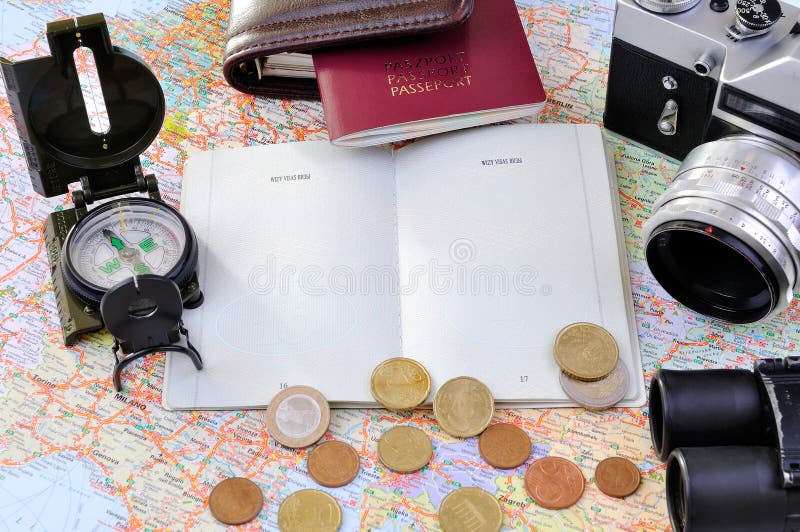 Travel Related Items on a Map Stock Photo - Image of prismatic ...