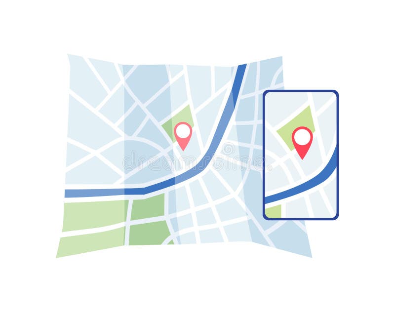 Travel Map and Smartphone Screen with GPS, Flat Vector Illustration ...