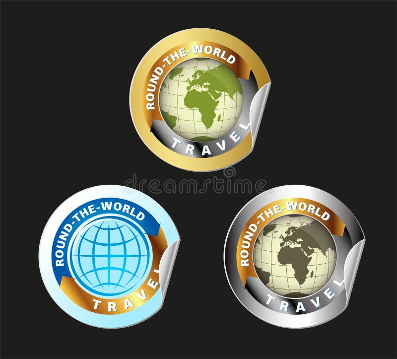 Travel Round the World Symbol with Golden Globe Symbol Label Stock ...