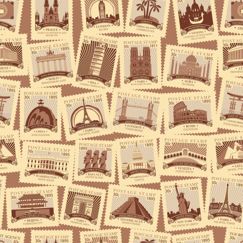 Travel Seamless Pattern with Old Postage Stamps Stock Vector ...