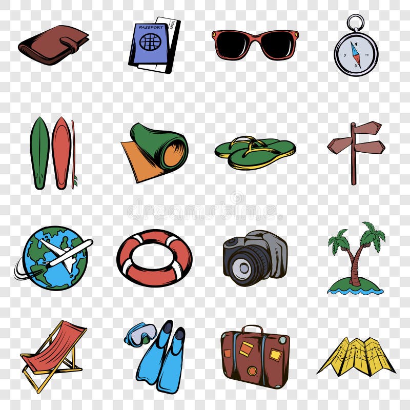 Travel comics icons set stock vector. Illustration of icon - 64251300