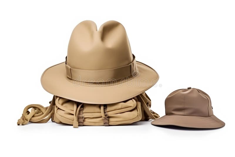 Travel Set Isolated on White Background. Hat, Backpack and Boots Stock ...