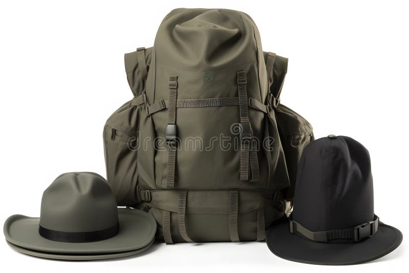 Travel Set Isolated on White Background. Hat, Backpack and Boots Stock ...