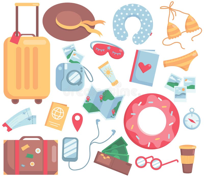 Set Of Travel Items. Collection For Holiday Or Journey. Packing Luggage ...
