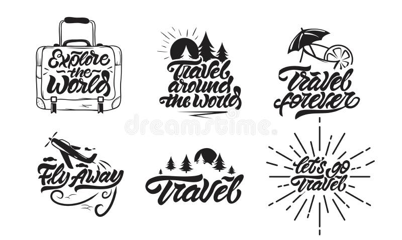 Travel Set Logos, Fly Away, Lets Go Travel Emblems in Lettering Style ...