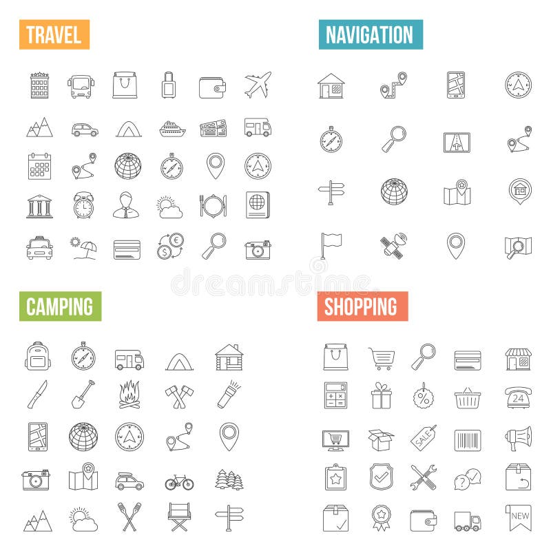 Travel and Shopping Line Icons Stock Vector - Illustration of market ...