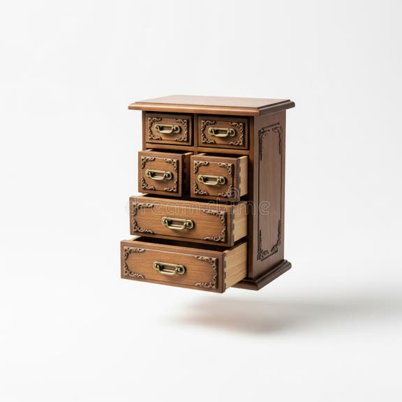 A Travel-size Drawer Cabinet Floating in Mid Air on a Solid White ...