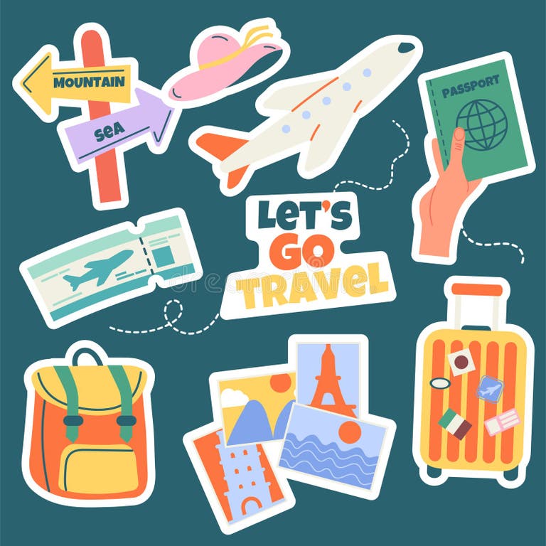 Travel Stickers Elements Hand Drawn with Lettering Stock Vector ...