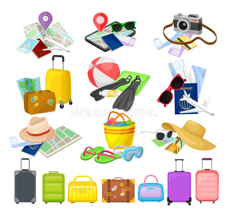 Travel Stuff with Suitcase and Accessories with Map, Camera, Passport ...