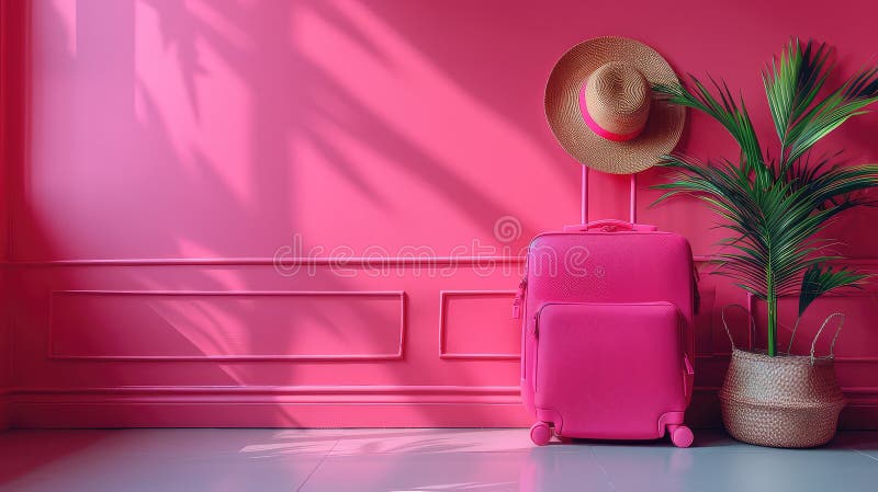 Travel in Style: Elegant Pink Suitcase and Hat on a Matching Pink ...
