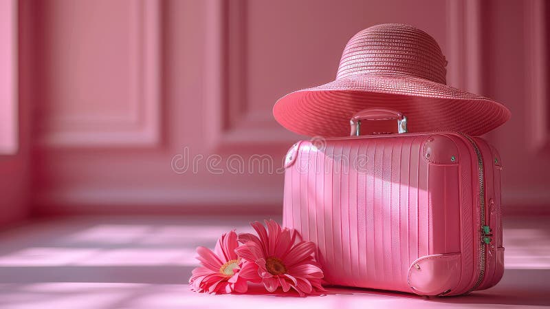 Travel in Style: Elegant Pink Suitcase and Hat on a Matching Pink ...
