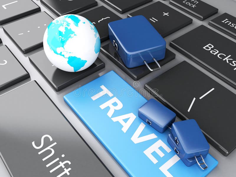 Travel Suitcase and Earth on Computer Keyboard. Travel Concept Stock ...
