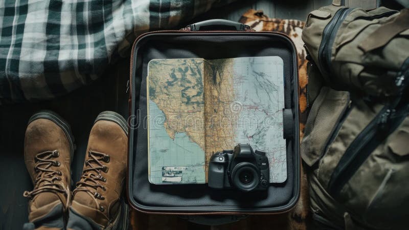 A Travel Suitcase Packed with a Map, Camera, and Hiking Boots Stock ...