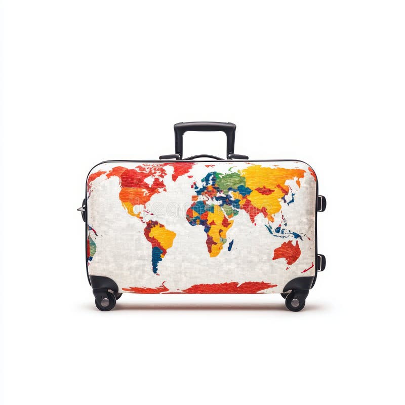 Travel Suitcase with World Map Pattern Isolated on White Stock ...