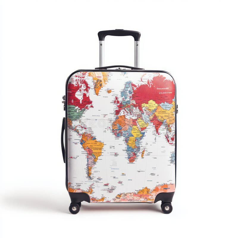 Travel Suitcase with World Map Pattern Isolated on White Stock ...