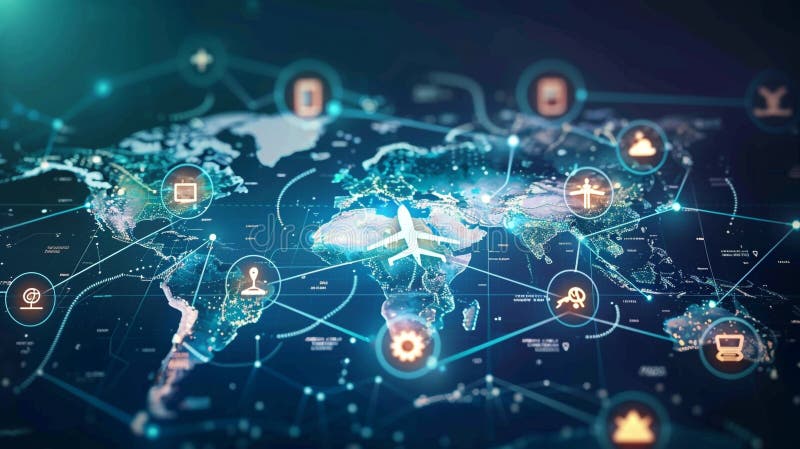 Travel Tech Presentation Featuring Digital Maps and Travel Icons Stock ...