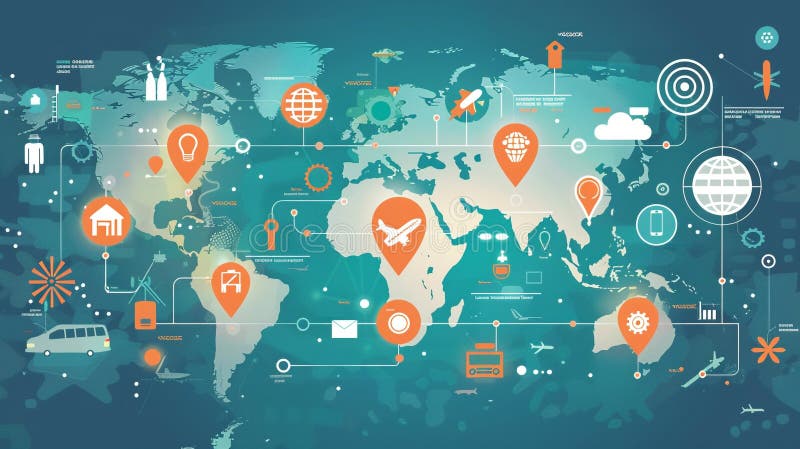 Travel Tech Presentation Featuring Digital Maps and Travel Icons Stock ...