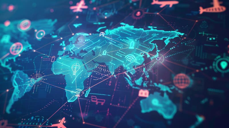 Travel Tech Presentation Featuring Digital Maps and Travel Icons Stock ...