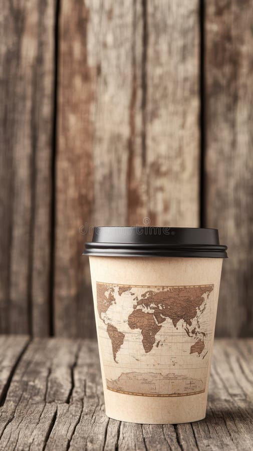 Travel Themed Coffee Cup with World Map Design on Rustic Wood Stock ...