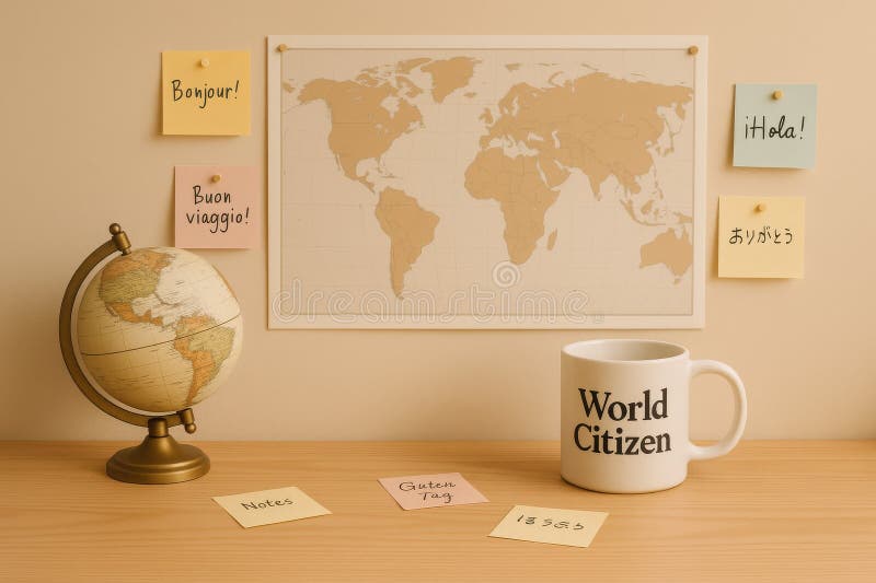 A Travel-themed Desk Setup with Globe, Sticky Notes in Different ...