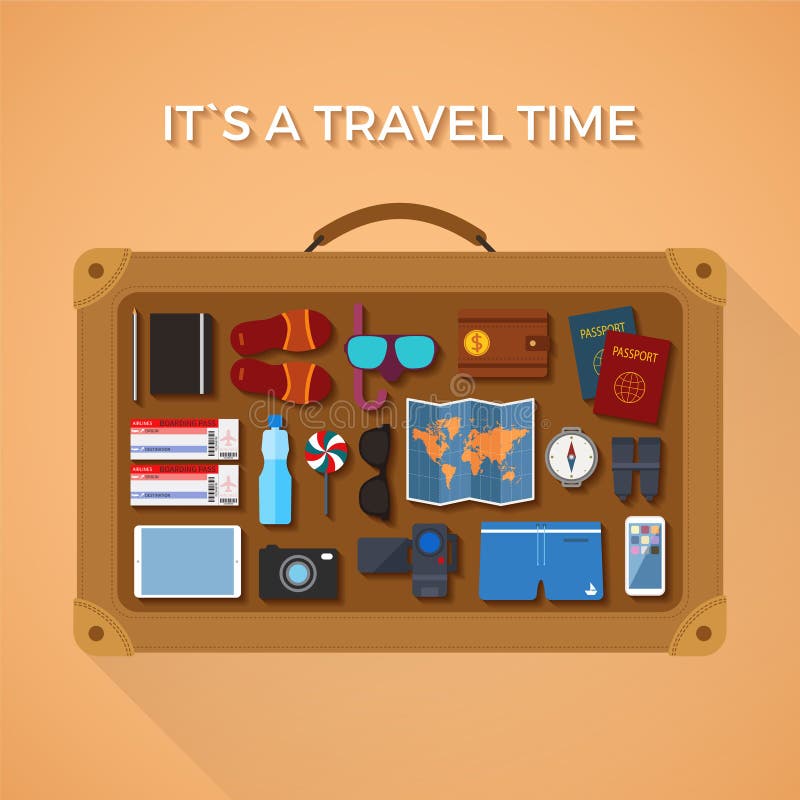 Travel Time Vector Concept with Suitcase in Flat Style Stock Vector ...