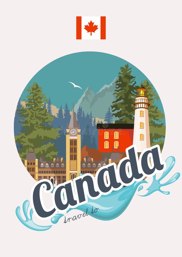 Travel To Canada. Postcard. Canadian Vector Illustration with Canadian ... Travel To Canada. Postcard. Canadian Vector Illustration with Canadian ...