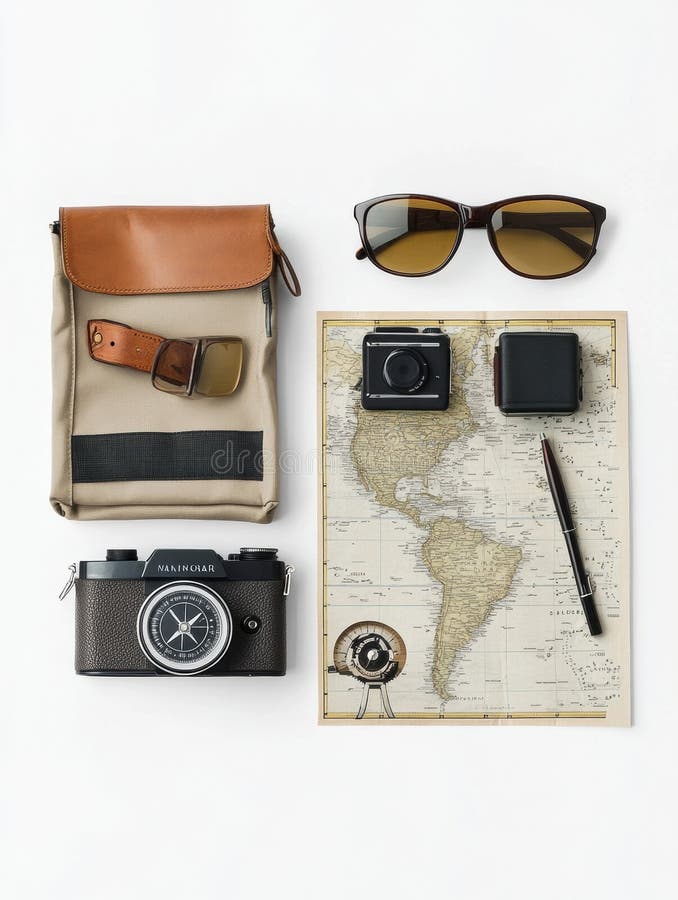Travel Tools Laid Out on a White Background Feature a Map, Compass ...