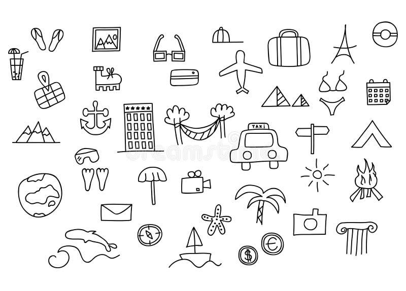 Travel and Tourism Themed Doodle Vector Set Illustration. Stock ...