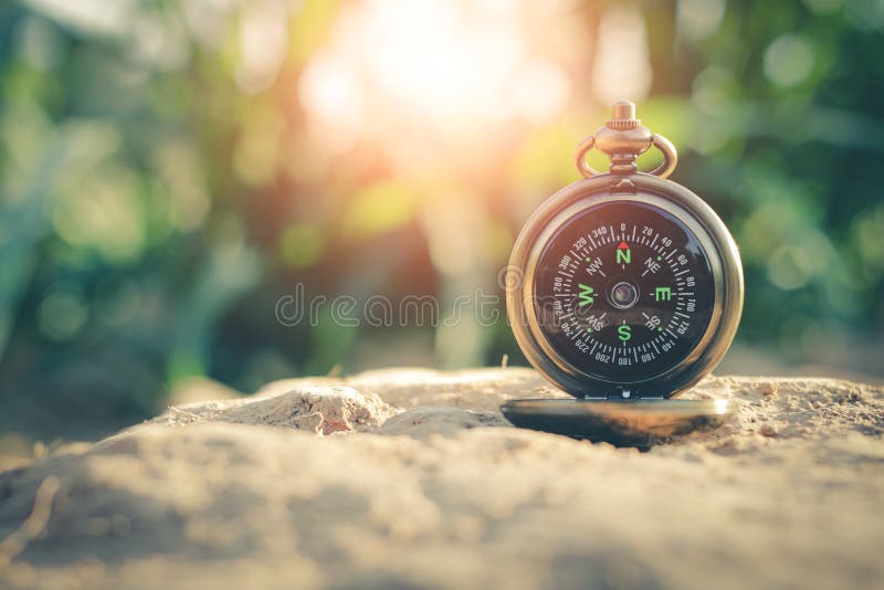 Travel of Tourists with Compass. Compass of Tourists on Mountain Stock ...